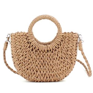 qtkj mini semi-circle rattan straw handbags, hand-woven women summer retro straw tote bag beach tote shoulder bag crossbody bag round handle beach handbags (khaki)