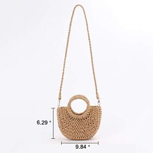 QTKJ Mini Semi-circle Rattan Straw Handbags, Hand-woven Women Summer Retro Straw Tote Bag Beach Tote Shoulder Bag Crossbody Bag Round Handle Beach Handbags (Khaki)