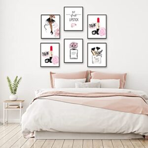 HoozGee Fashion Wall Art Prints Set of 6 Pink Room Decor Makeup Art Pictures Wall Decor Canvas Prints Art Posters Perfume Lipstick Artwork Girls Room Decor for Bedroom (8"x10" UNFRAMED)