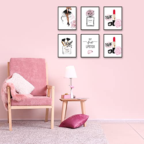 HoozGee Fashion Wall Art Prints Set of 6 Pink Room Decor Makeup Art Pictures Wall Decor Canvas Prints Art Posters Perfume Lipstick Artwork Girls Room Decor for Bedroom (8"x10" UNFRAMED)