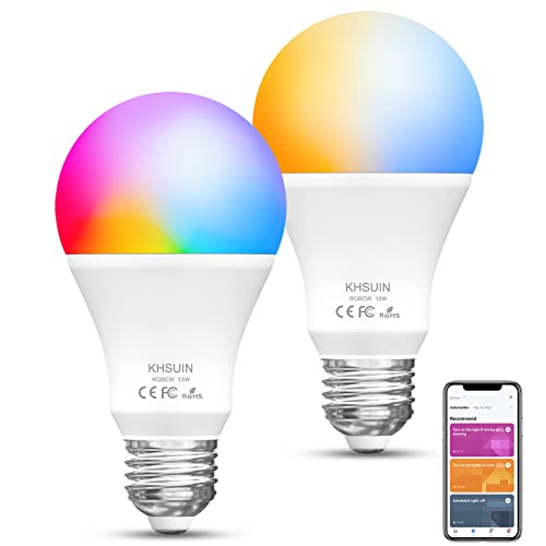 Bright Wifi Smart Light Bulbs 13W 120W Equivalent A19 Music Sync RGBCW Color Changing Light Bulb Works with Alexa,Google,1300 Lumens,2700K-6500K Tunable Alexa Light Bulb,Dimmable Smart Bulb,2 Pack