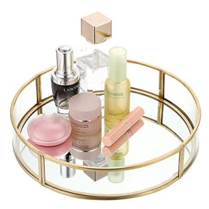 elldoo gold round glass tray, mirror jewelry tray perfume tray mirror vanity tray dresser tray ornate tray metal decorative tray perfume organizer makeup tray for vanity dresser