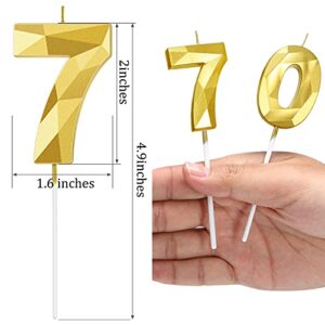 70th Birthday Candles, 3D Diamond Shape Number 70 Candles Happy Birthday Cake Topper Numeral Candles for Birthday Wedding Decoration Reunions Theme Party (Gold)