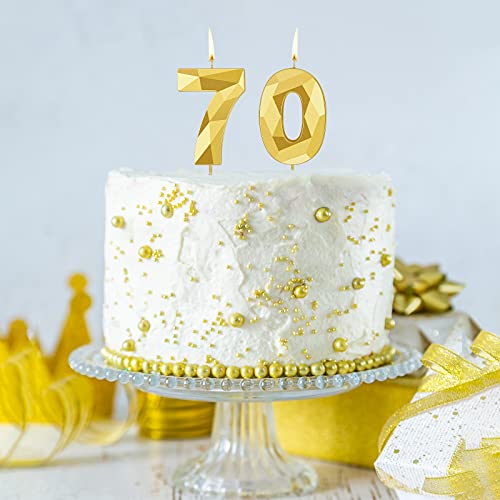 70th Birthday Candles, 3D Diamond Shape Number 70 Candles Happy Birthday Cake Topper Numeral Candles for Birthday Wedding Decoration Reunions Theme Party (Gold)