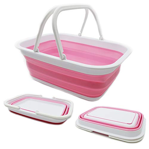 SAMMART 9.2L (2.37Gallon) Collapsible Tub with Handle - Portable Outdoor Picnic Basket/Crater - Foldable Shopping Bag - Space Saving Storage Container (1, White/Pink)