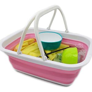 SAMMART 9.2L (2.37Gallon) Collapsible Tub with Handle - Portable Outdoor Picnic Basket/Crater - Foldable Shopping Bag - Space Saving Storage Container (1, White/Pink)