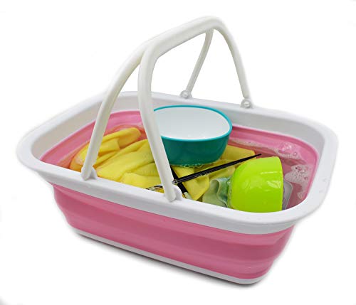 SAMMART 9.2L (2.37Gallon) Collapsible Tub with Handle - Portable Outdoor Picnic Basket/Crater - Foldable Shopping Bag - Space Saving Storage Container (1, White/Pink)