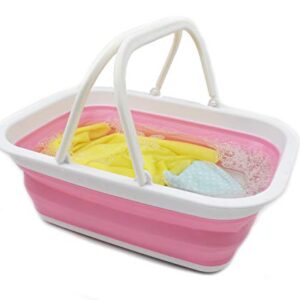 SAMMART 9.2L (2.37Gallon) Collapsible Tub with Handle - Portable Outdoor Picnic Basket/Crater - Foldable Shopping Bag - Space Saving Storage Container (1, White/Pink)