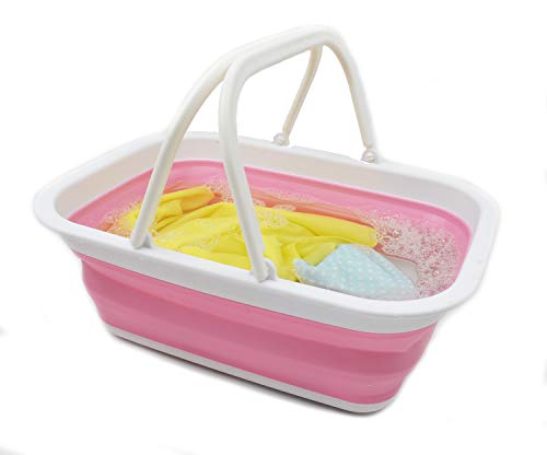 SAMMART 9.2L (2.37Gallon) Collapsible Tub with Handle - Portable Outdoor Picnic Basket/Crater - Foldable Shopping Bag - Space Saving Storage Container (1, White/Pink)