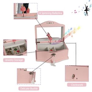 TIMLOG Girls Jewelry Box with Lock, 2 Ballerina Wooden Musical Small Jewelry Storage Organizer with Mirror for Girls, Pink