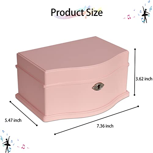 TIMLOG Girls Jewelry Box with Lock, 2 Ballerina Wooden Musical Small Jewelry Storage Organizer with Mirror for Girls, Pink