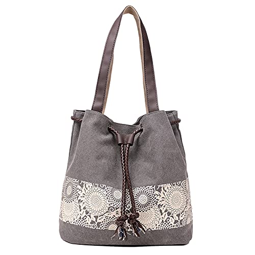 DIRRONA Womens Canvas Handbag Ladies Shoulder Bags Top Handle Bags Drawstring Bucket Bag School Travel Casual Daily Use Gray