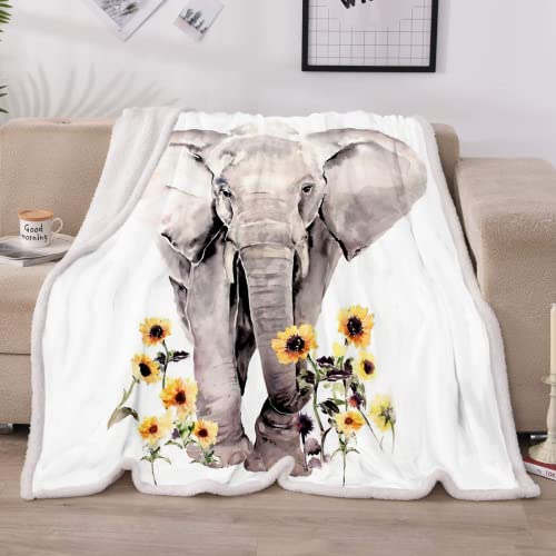 LOVINSUNSHINE Sunflower Elephant Blanket,Best White Elephant Gifts for Women Ideas,Unique Sunflower Gifts for Women Adults, for Women,Sherpa Fleece Throw Blanket for Couch 80x60