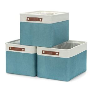 hnzige storage baskets bins (3 pack) large shelf baskets for clothes, decorative storage bins with handles, canvas collapsible storage bins for organizing storage (gray&teal, 15″ x 11″ x 9.5″)