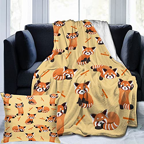 PAVQWEJ Flannel Fleece Throw Blanket,Cute Red Panda and Bamboo Home Decor Perfect for Bed and Sofa Blankets with Pillowcase Cover（18"x 18"） for All Season Microfiber Durable Couch Blankets（50"x 40"）