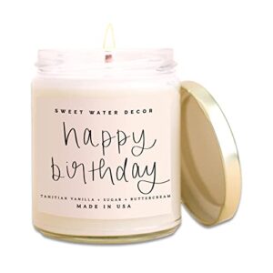 sweet water decor, happy birthday, vanilla, sugar, and buttercream, sweet scented soy wax candle for home | 9oz clear jar, 40 hour burn time, made in the usa