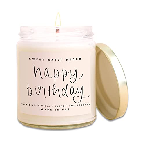 Sweet Water Decor, Happy Birthday, Vanilla, Sugar, and Buttercream, Sweet Scented Soy Wax Candle for Home | 9oz Clear Jar, 40 Hour Burn Time, Made in the USA