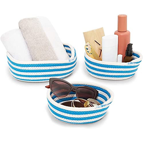 Round Woven Storage Baskets, Blue and White Stripes (3 Sizes, 3 Pack)