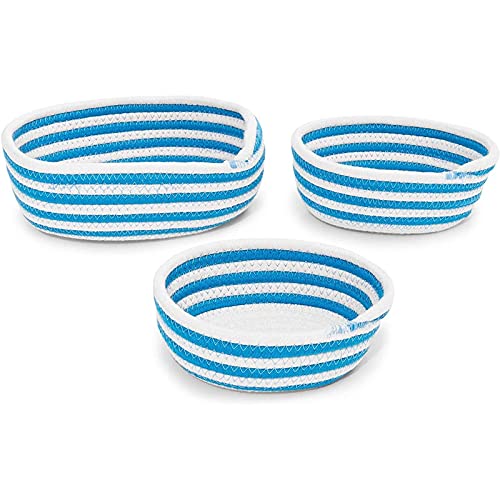 Round Woven Storage Baskets, Blue and White Stripes (3 Sizes, 3 Pack)