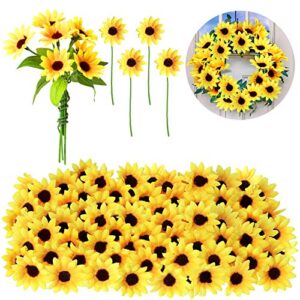 luinabio 50 pieces mini artificial sunflower heads with iron wire for home party decoration wedding decor, bride holding flowers centerpieces wreath garden craft diy art decor crafts (1.77 inch)