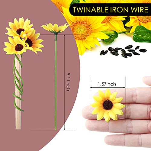 Luinabio 50 Pieces Mini Artificial Sunflower Heads with Iron Wire for Home Party Decoration Wedding Decor, Bride Holding Flowers Centerpieces Wreath Garden Craft DIY Art Decor Crafts (1.77 Inch)