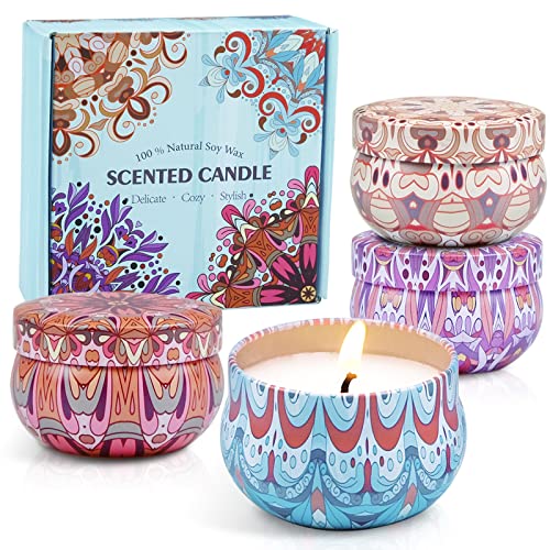 Scented Candles Gift Set, Soy Wax Candles, Aromatherapy Candles for Home, Linen, Apple Cinnamon, Lavender Vanilla, Rose Sandalwood (4 x 2.5 oz) Mothers Day Gifts