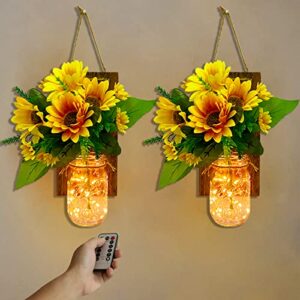 mason jar sconces, farmhouse home decor, rustic wall sconces, led fairy lights, sunflower, interior decoration warm toned lighting. (2 pack)(with remote control)