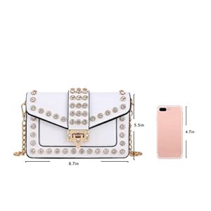 Qiayime Purses and Handbags for Women Rhinestone Fashion PU Leather Top Handle Crystal Chain Rivet Satchel Shoulder Tote Crossbody clutch Bags