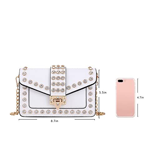 Qiayime Purses and Handbags for Women Rhinestone Fashion PU Leather Top Handle Crystal Chain Rivet Satchel Shoulder Tote Crossbody clutch Bags