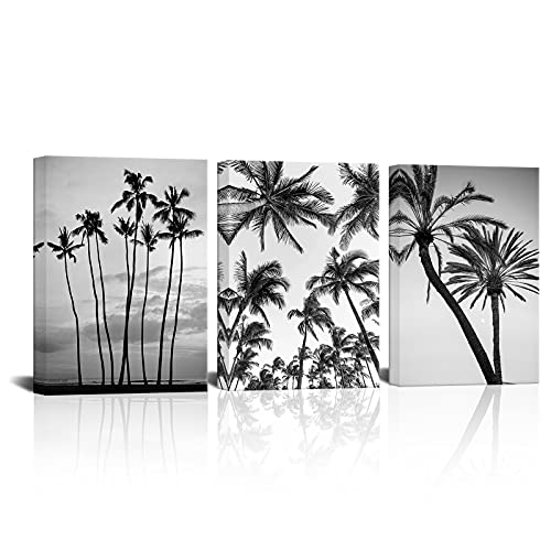 ArtKissMore Tropical Palm Tree Wall Decor - Black and White Hawaii Beach Canvas Wall Art Pictures Framed for Home Bathroom Bedroom Living Room Wall Decor Framed 12"x16"x3pcs