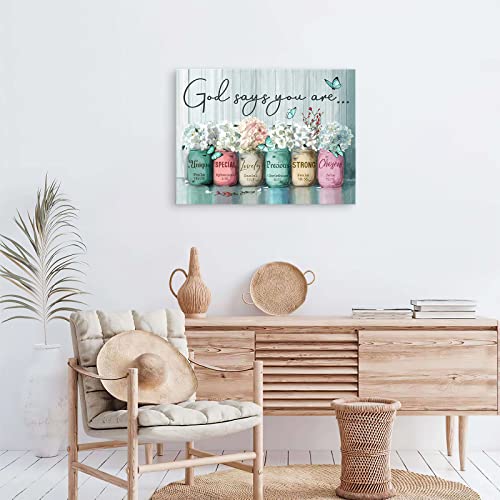 Inspirational Canvas Wall Art Encouraging Bible Verses Wall Decor Marson Jars With Butterflies God Says You Are Wall Art For Home Office Dining Room Decor Farmhouse Wall Art Framed 12x16 Inch (Teal)