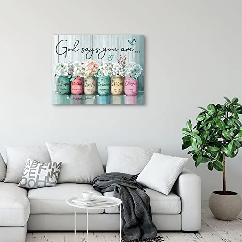 Inspirational Canvas Wall Art Encouraging Bible Verses Wall Decor Marson Jars With Butterflies God Says You Are Wall Art For Home Office Dining Room Decor Farmhouse Wall Art Framed 12x16 Inch (Teal)