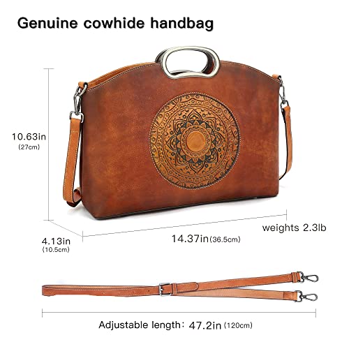 ah arctic hunter Genuine Leather Handbags for Women, Organizer Crossbody Bag Large Satchel Vintage Embossing Totem Shoulder Bag (brown)