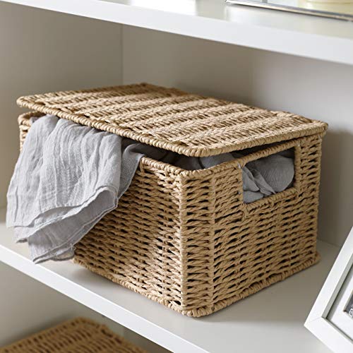 Motifeur Hand-woven Paper Rope Baskets With Lids, Multi-purpose Stackable Utility Organizers (Set of 3, Large 12.6"x9.8"x7.3", Medium 11.8"x7.9"x6.3", Small 9.8"x5.9"x5.5", Natural/Beige)