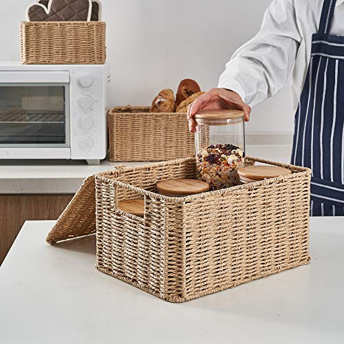 Motifeur Hand-woven Paper Rope Baskets With Lids, Multi-purpose Stackable Utility Organizers (Set of 3, Large 12.6"x9.8"x7.3", Medium 11.8"x7.9"x6.3", Small 9.8"x5.9"x5.5", Natural/Beige)