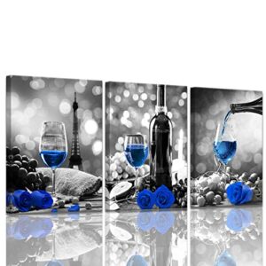 wine decor kitchen canvas art blue wine rose artwork for home walls black and white with blue wine painting printed rose art dining room decor blue kitchen pictures wall decor stretched 12x16inchx3