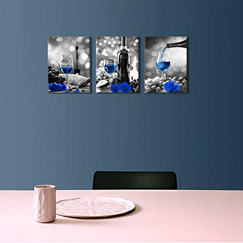 Wine Decor Kitchen Canvas Art Blue Wine Rose Artwork for Home Walls Black and White With Blue Wine Painting Printed Rose Art Dining Room Decor Blue Kitchen Pictures Wall Decor Stretched 12x16inchx3