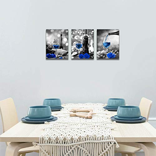 Wine Decor Kitchen Canvas Art Blue Wine Rose Artwork for Home Walls Black and White With Blue Wine Painting Printed Rose Art Dining Room Decor Blue Kitchen Pictures Wall Decor Stretched 12x16inchx3