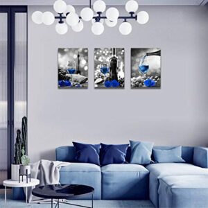 Wine Decor Kitchen Canvas Art Blue Wine Rose Artwork for Home Walls Black and White With Blue Wine Painting Printed Rose Art Dining Room Decor Blue Kitchen Pictures Wall Decor Stretched 12x16inchx3