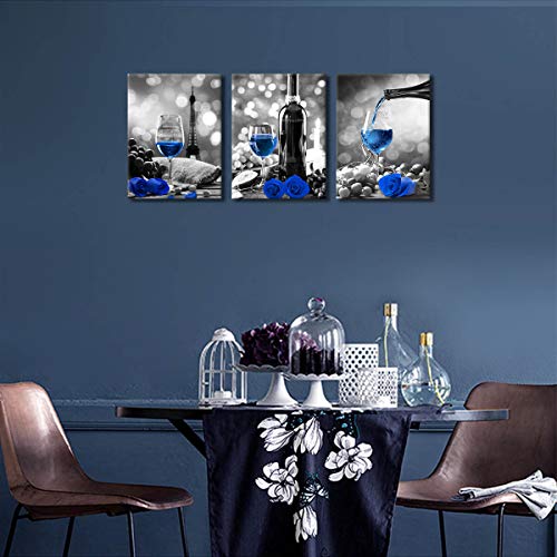 Wine Decor Kitchen Canvas Art Blue Wine Rose Artwork for Home Walls Black and White With Blue Wine Painting Printed Rose Art Dining Room Decor Blue Kitchen Pictures Wall Decor Stretched 12x16inchx3