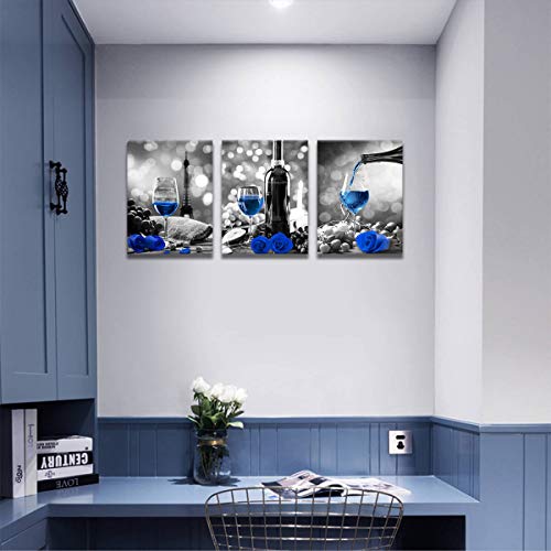 Wine Decor Kitchen Canvas Art Blue Wine Rose Artwork for Home Walls Black and White With Blue Wine Painting Printed Rose Art Dining Room Decor Blue Kitchen Pictures Wall Decor Stretched 12x16inchx3