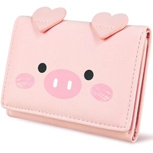 conisy cute wallets for women, leather rfid blocking small trifold wallet with id window for girls and ladies womens wallet -pig (pink)