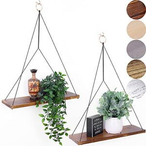 forestbarn hanging shelves, set of 2, boho wall decor shelf, floating shelves, rope hanging shelves, hanging shelf for plants, bedroom bathroom living room wall shelves, brown…