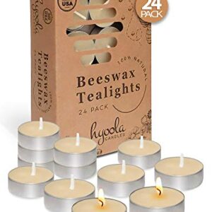 HYOOLA White Beeswax Tealight Candles in Aluminum Cup - 24 Pack - 100% Pure Natural Beeswax Candles