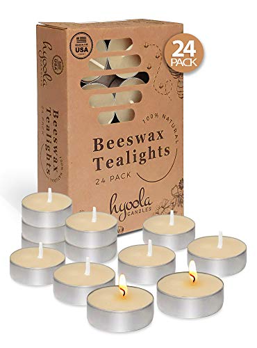 HYOOLA White Beeswax Tealight Candles in Aluminum Cup - 24 Pack - 100% Pure Natural Beeswax Candles