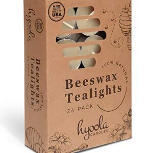 HYOOLA White Beeswax Tealight Candles in Aluminum Cup - 24 Pack - 100% Pure Natural Beeswax Candles