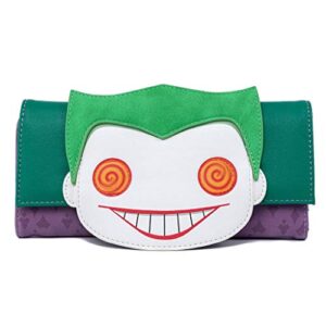 loungefly dc comics pop joker head faux leather tri-fold wallet