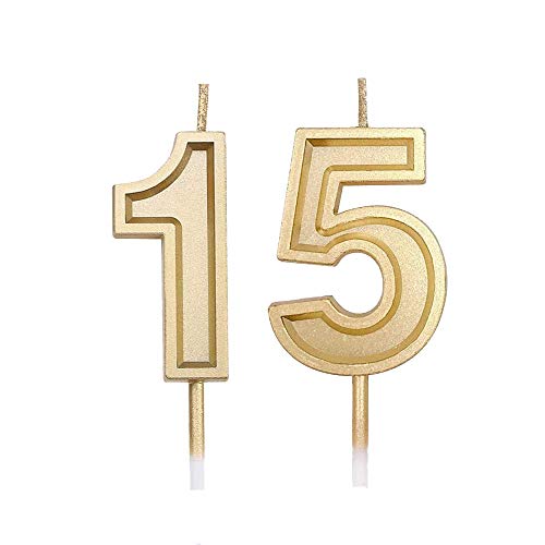 Bailym 15th Birthday Candles,Gold Number 15 Cake Topper for Birthday Decorations Party Decoration