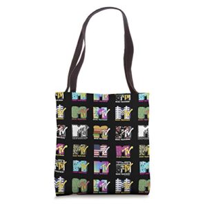 mtv music television collage of logos tote bag