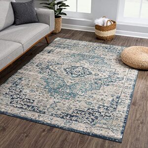 bloom rugs traditional blue gray area rug – vintage boho 6×9 rug for living room, bedroom and kitchen (6’6″ x 9′)